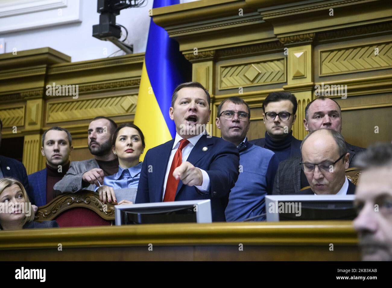 Oleh Lyashko, leader of Ukraine's Radical Party, center, during a ...