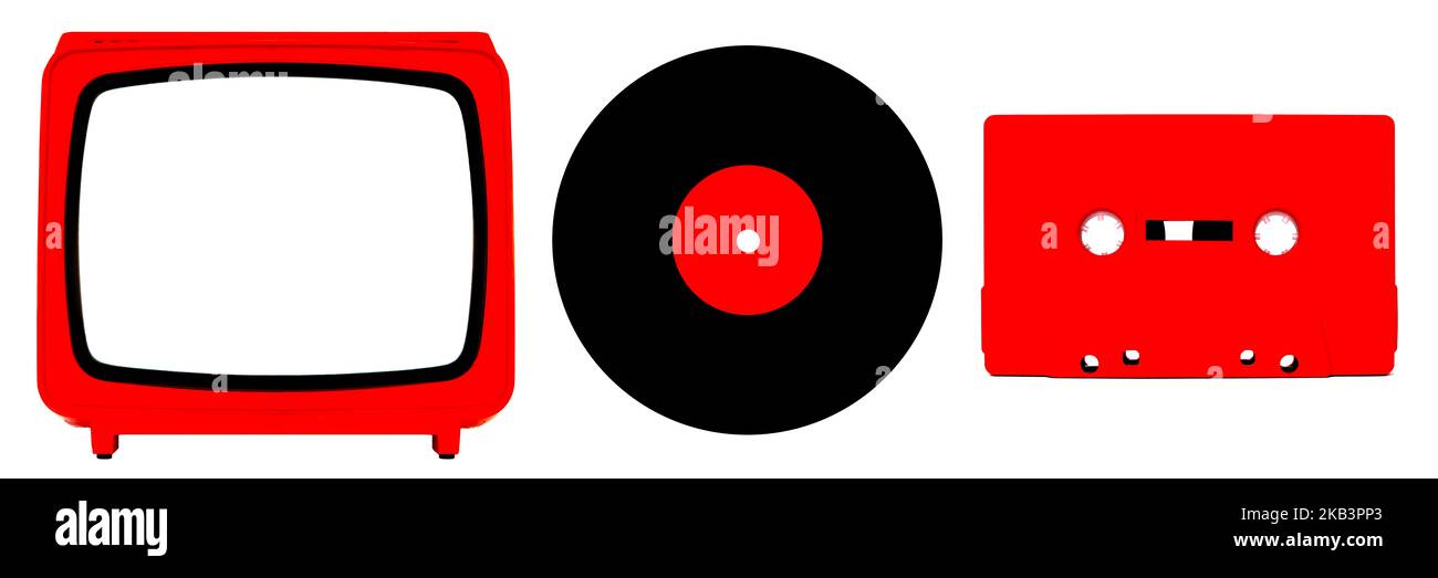 Vintage Retro Red TV, Vinyl Record and Cassette Tape Stock Photo - Alamy