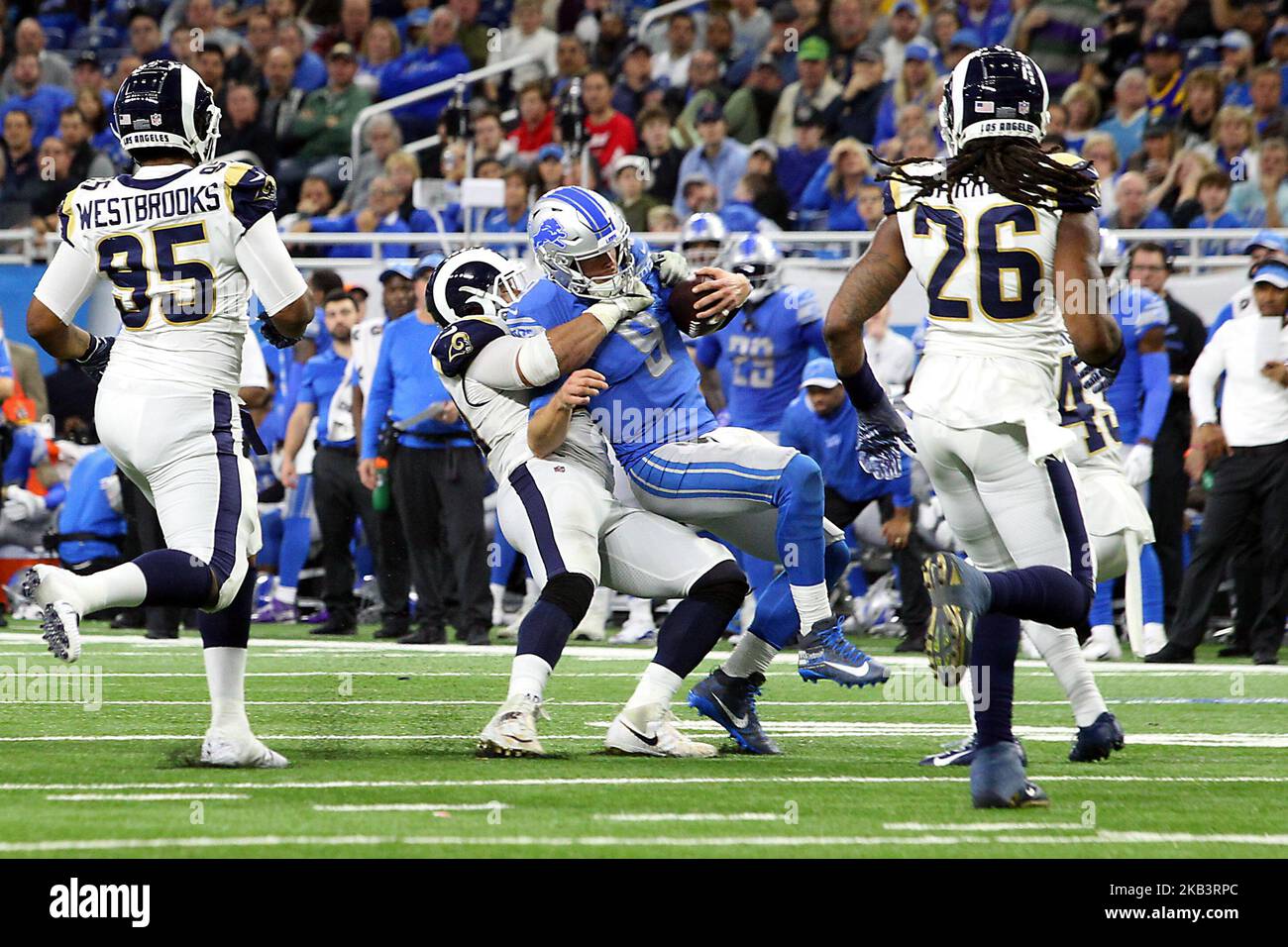 Los Angeles Rams defensive tackle Aaron Donald (99) takes down Detroit ...