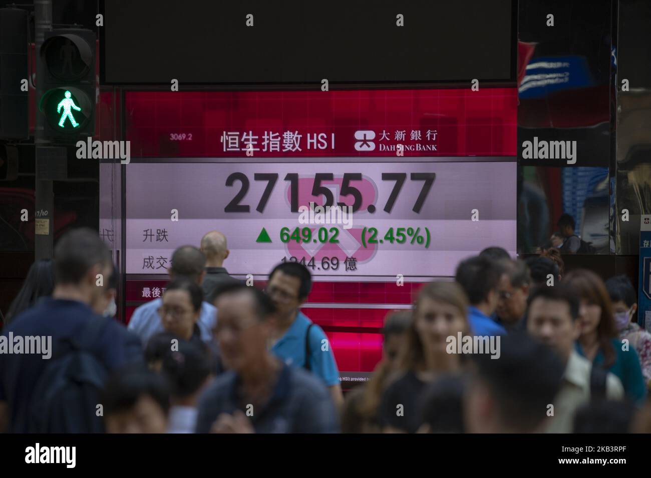 A photo showing Pedestrian walking pass an electronic display board which shows the Heng Seng ...