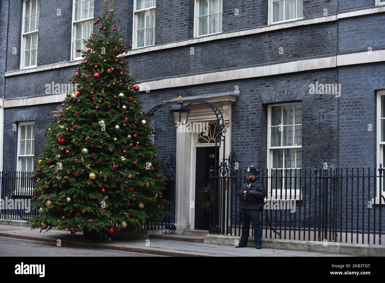 Christmas tree and decorations are seen outside No. 10 of Downing ...