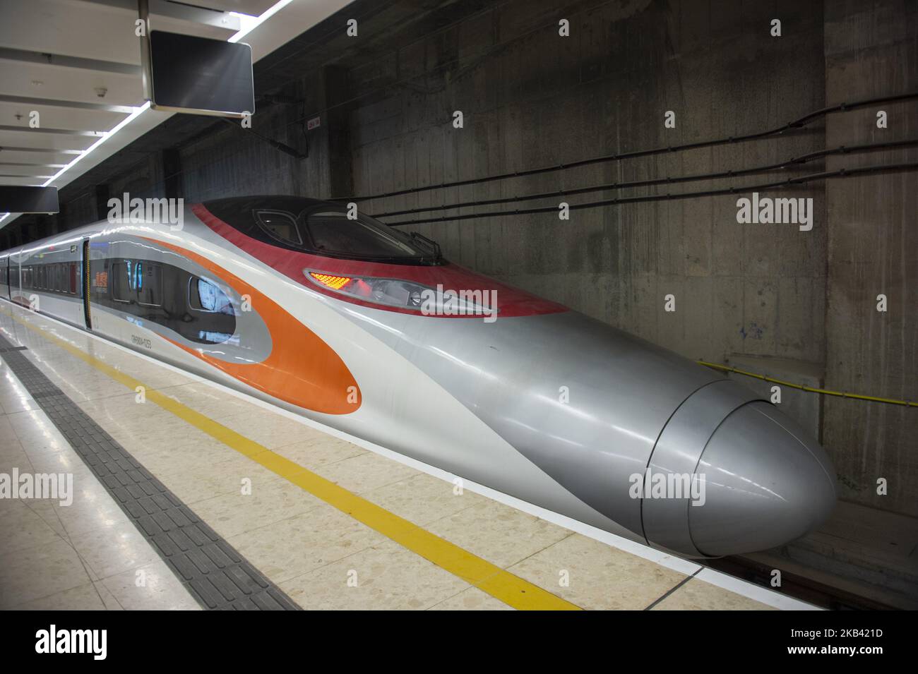 Vibrant Express train, operated by MTR Corp is shown inside West ...