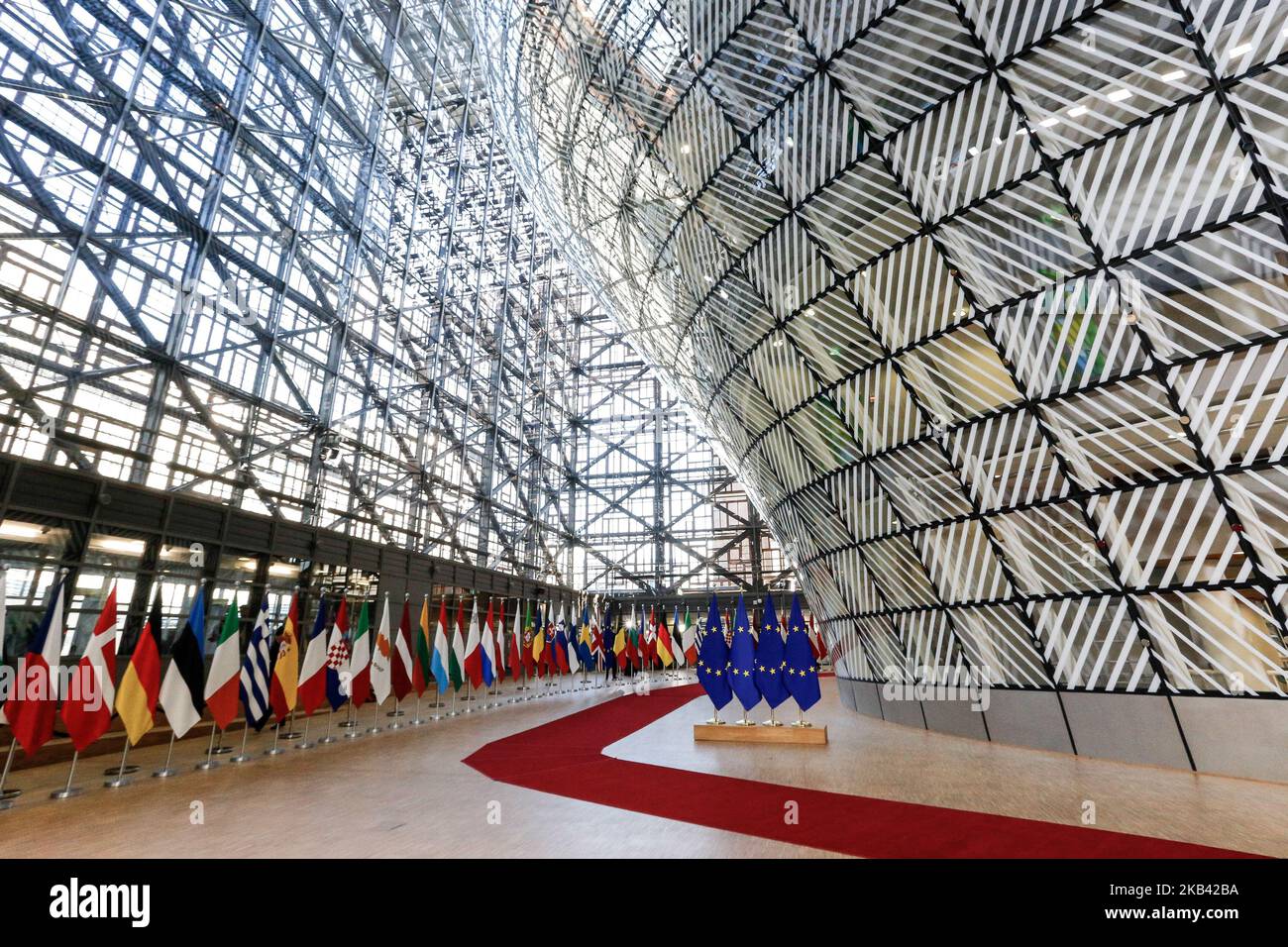 European Union flags in the Europa Building during the European Council ...