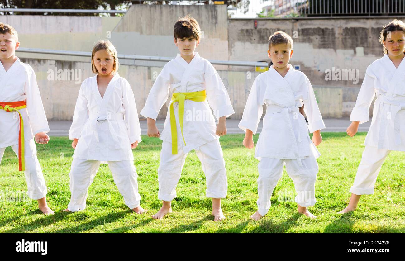 Barefoot kids doing kata Stock Photo - Alamy