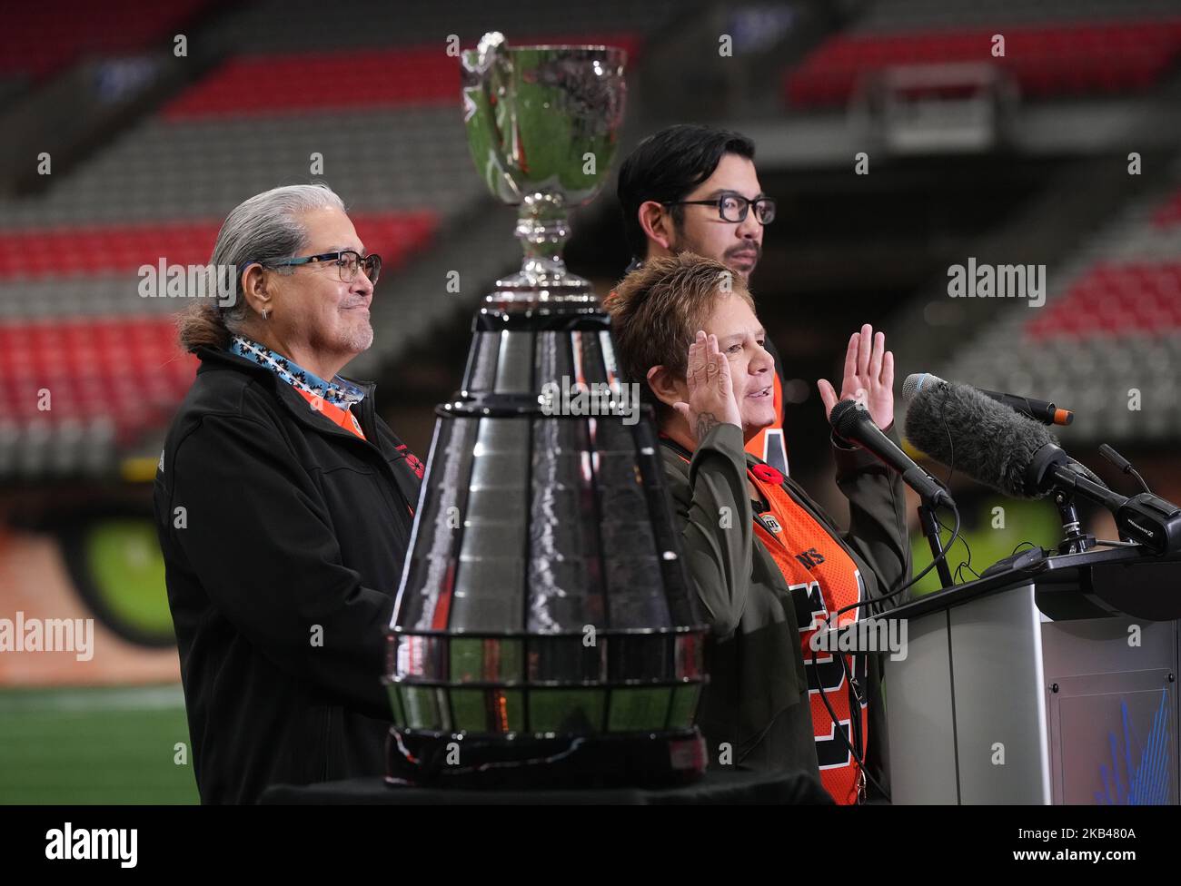 Tsleil-Waututh Nation Chief Jen Thomas, front right, speaks as Squamish ...