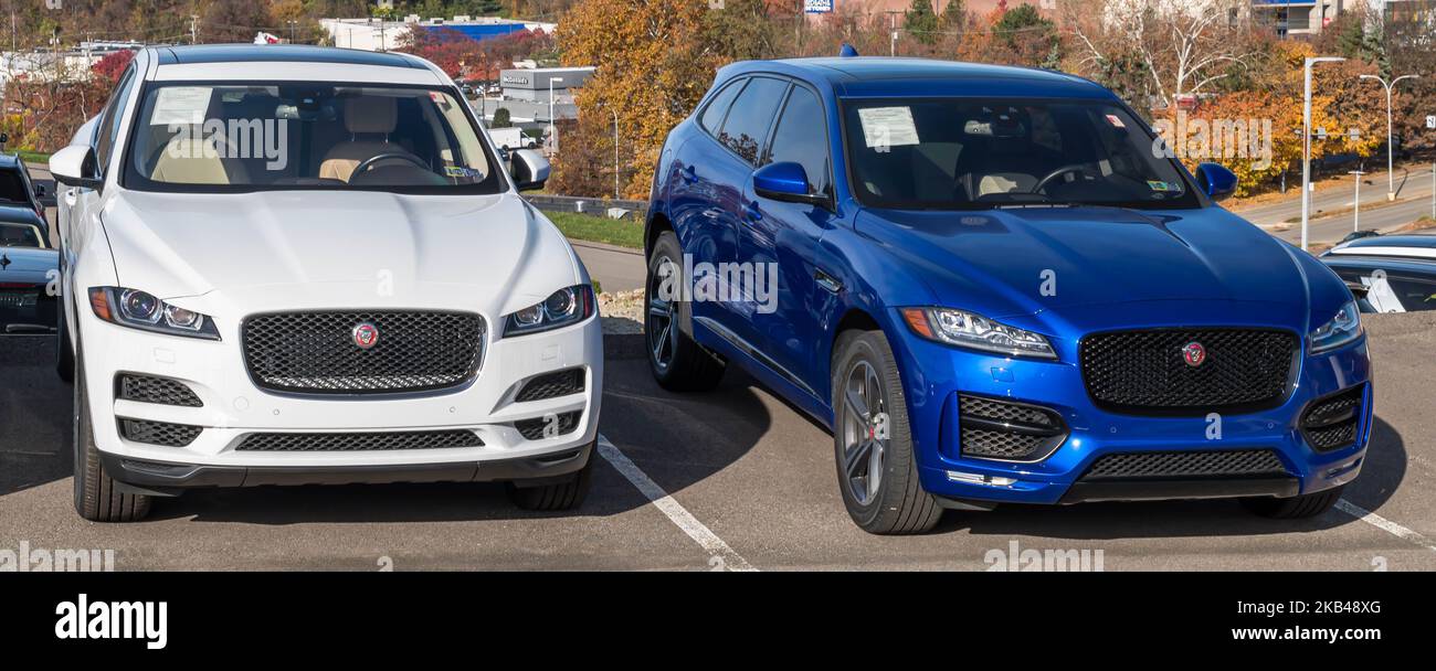 Two different Jaguar SUVs, one blue and the other white for sale at a ...