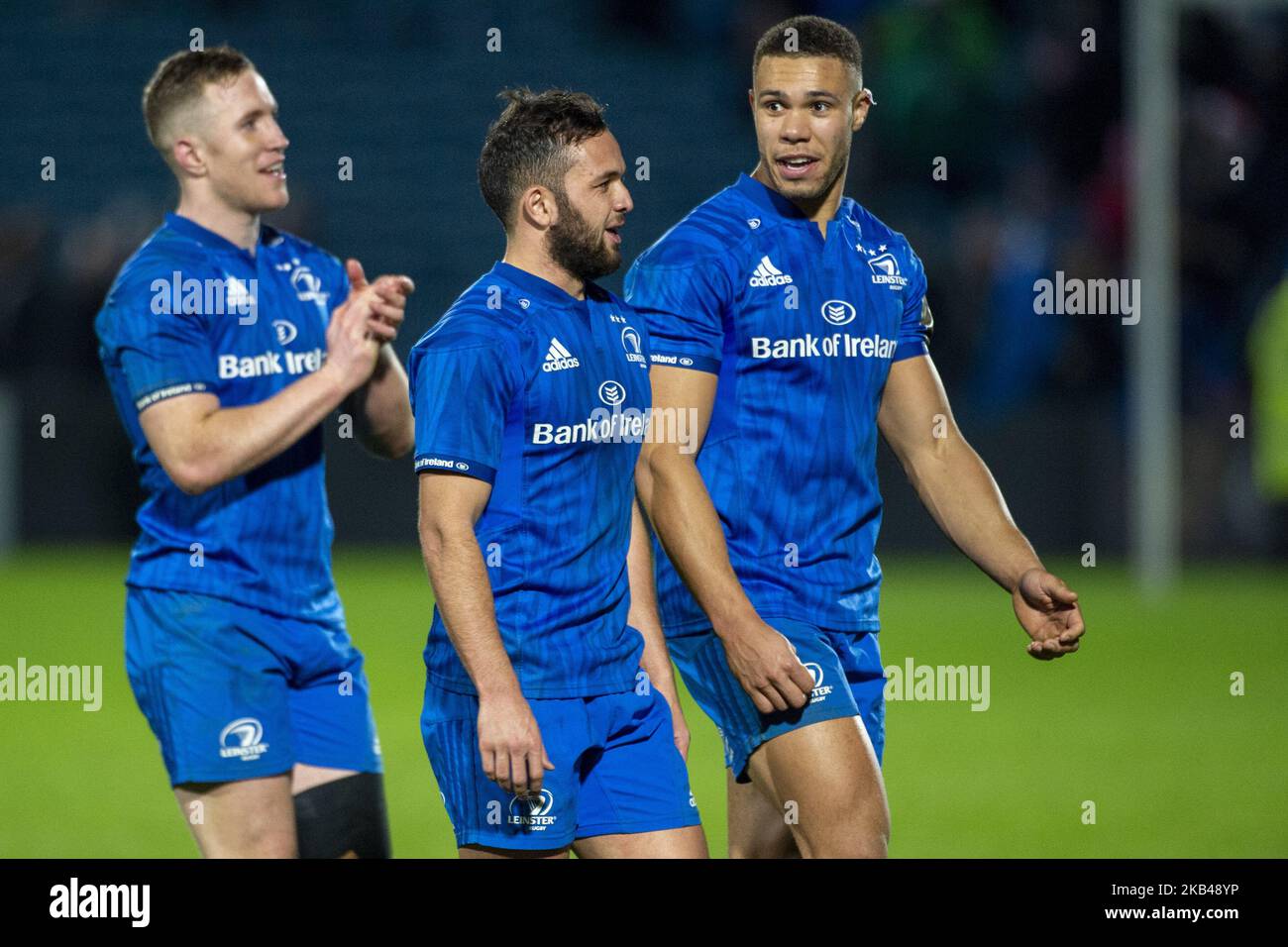 Dan Leavy, Jamison Gibson-Park and Adam Byrne of Leinster during the ...