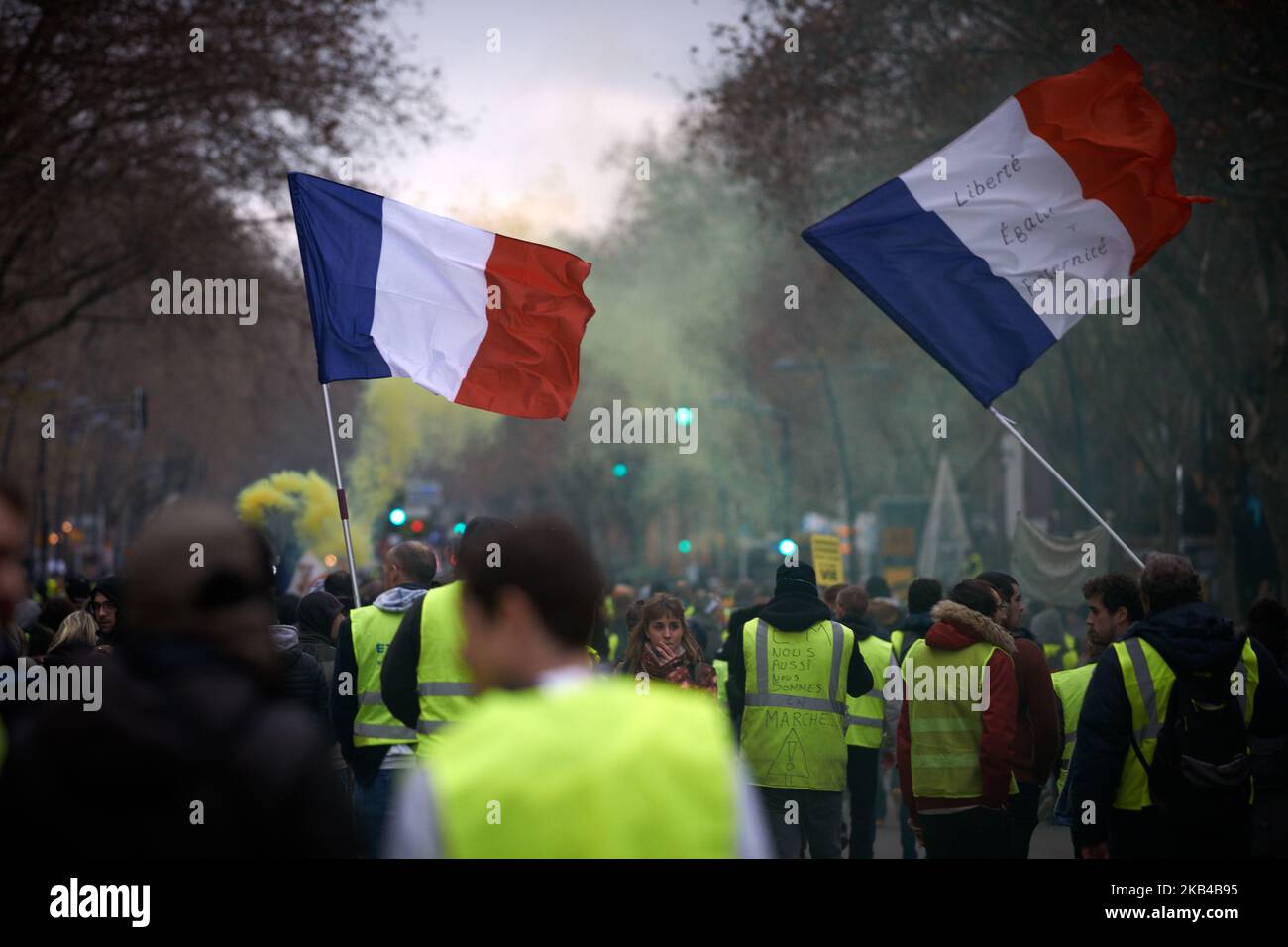 Toulouse, France - Dec. 29, 2018 - A Yellow Vest protester holds a ...