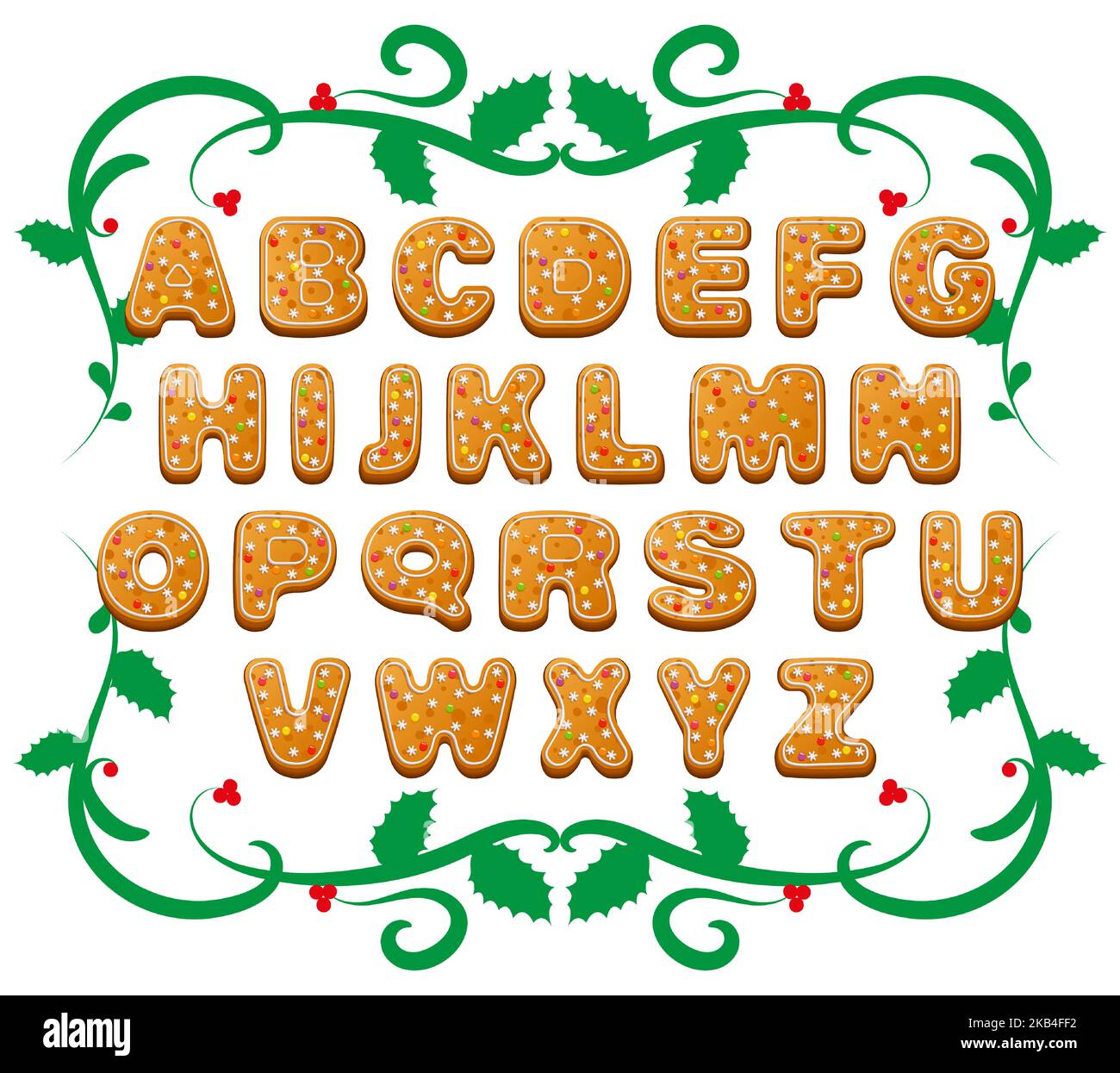 Decorative Christmas alphabet. Font of gingerbread with icing. Vector ...
