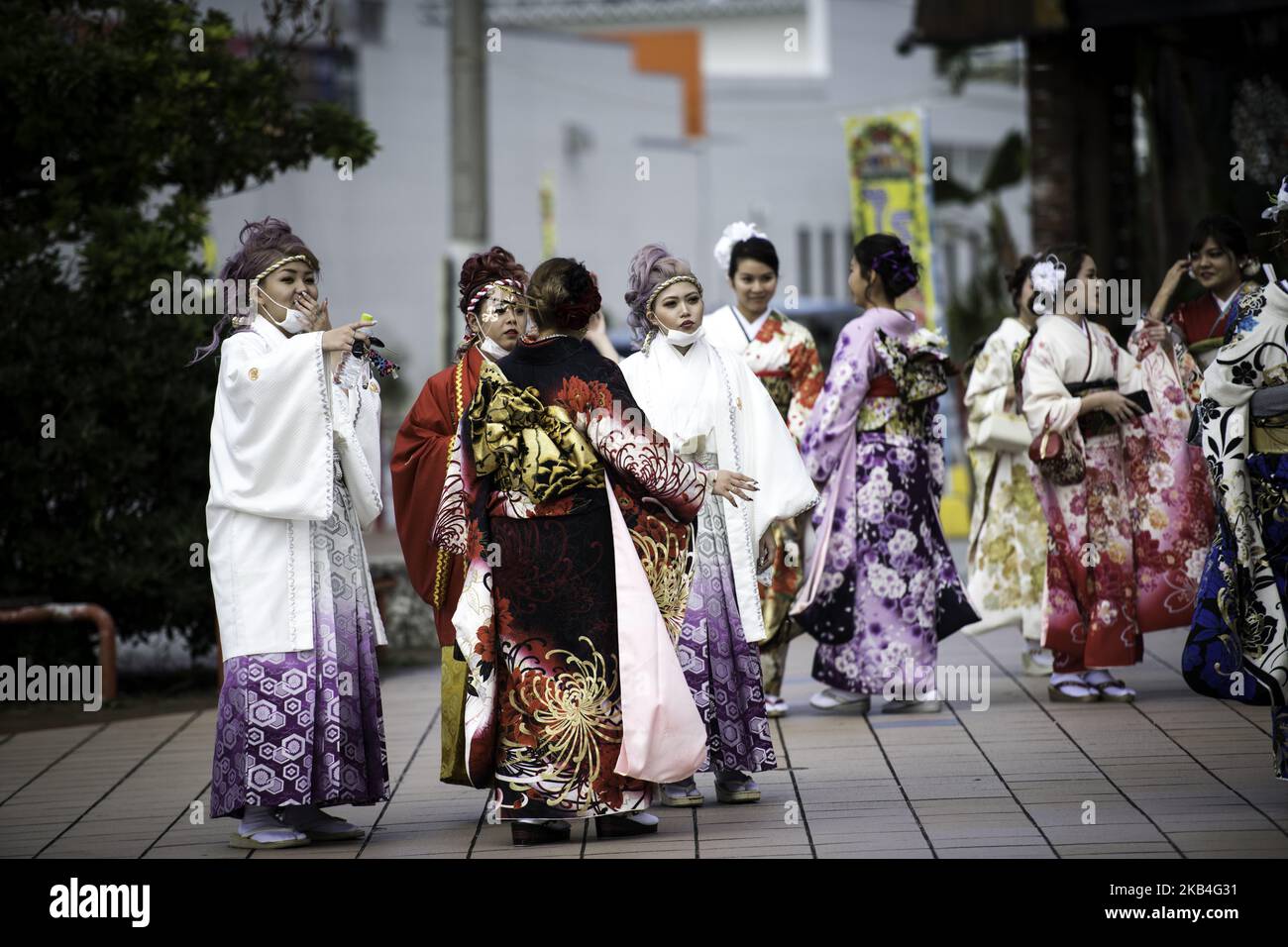 Japanese new adults wearing kimonos celebrates the Coming of Age Day ...
