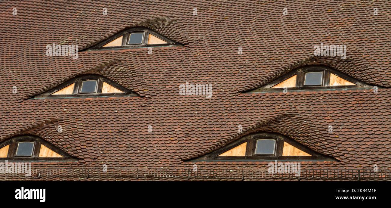 Eye shaped windows on top of an old brown roof in Rotenberg ob der ...