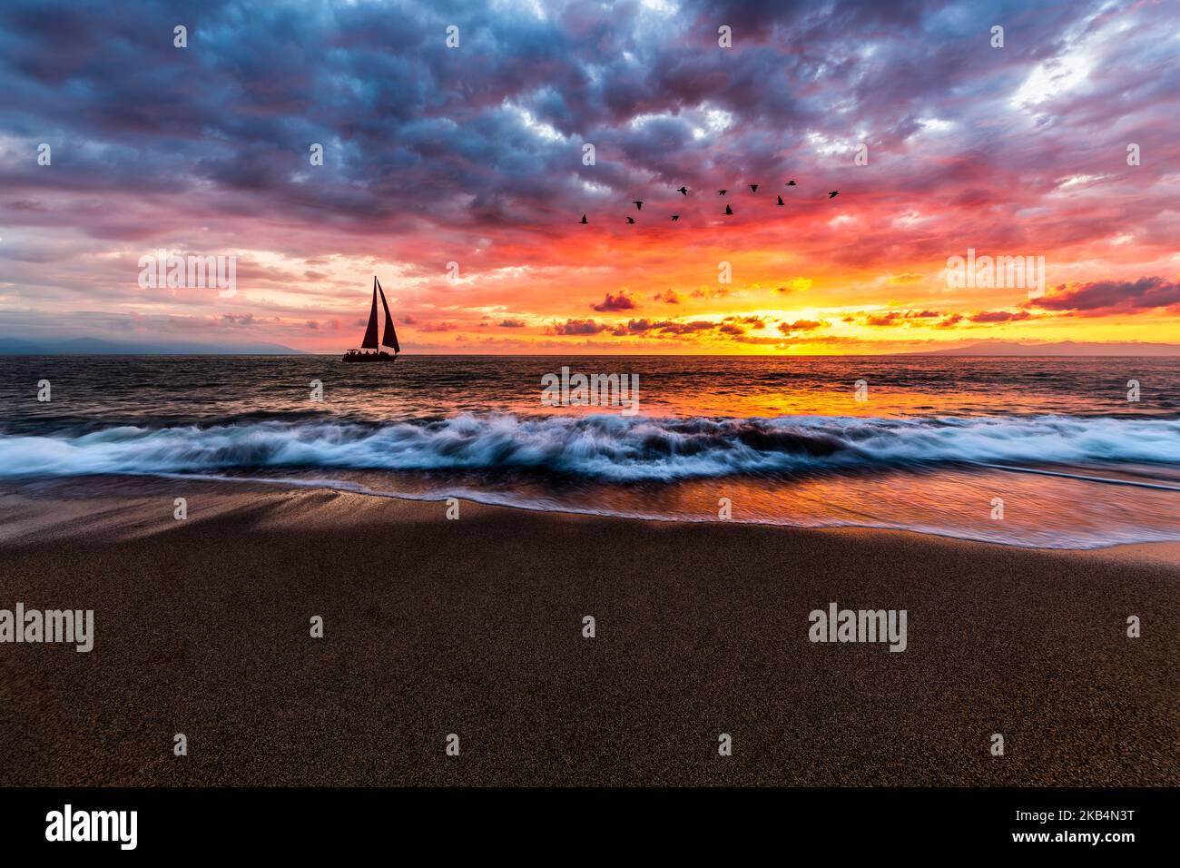 A Sailboat Sails Along The Ocean With Birds Overhead In A Colorful ...