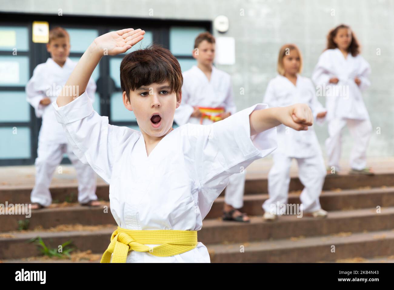 Preteen boy practicing karate at schoolyard Stock Photo - Alamy