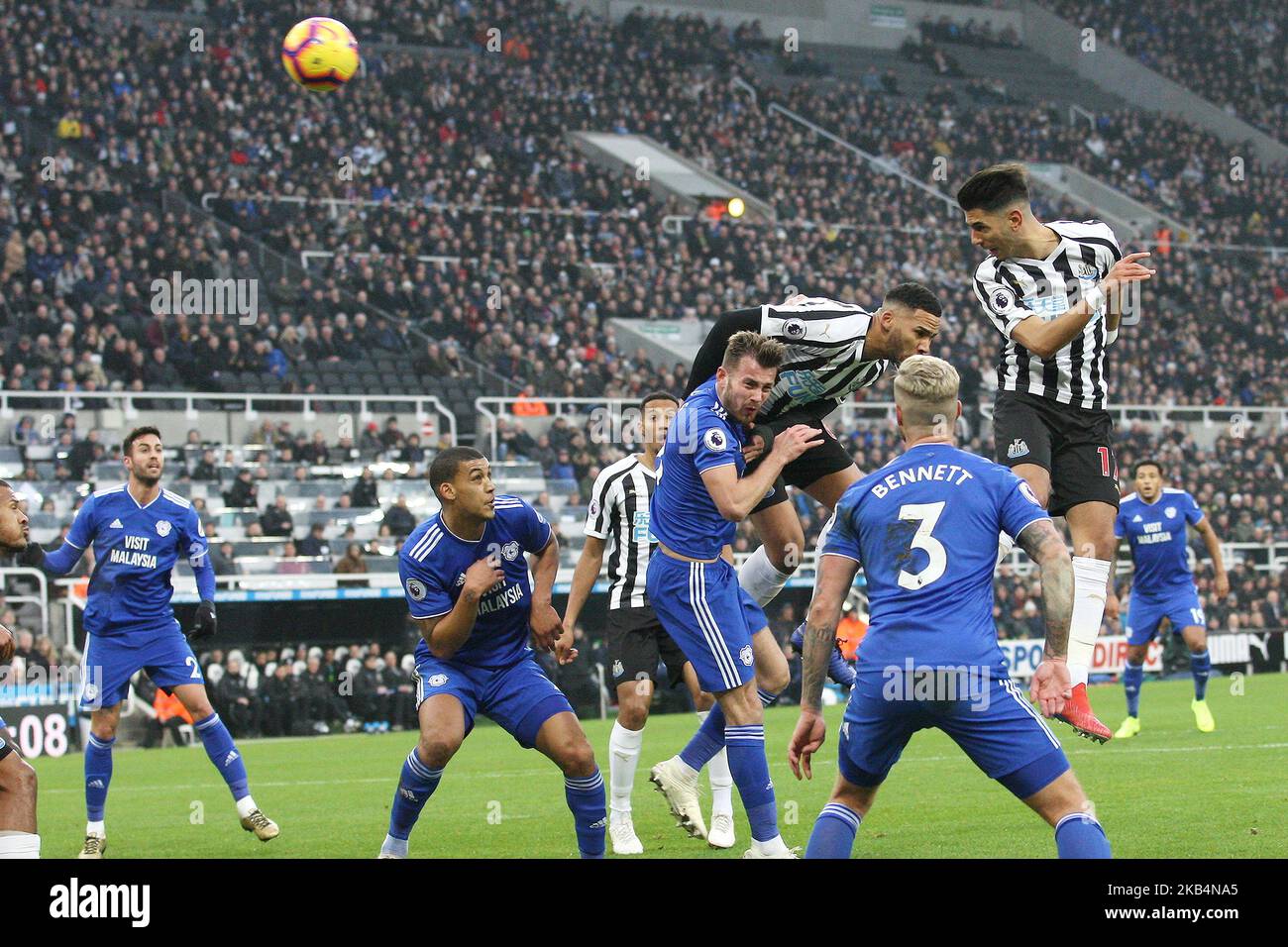 Newcastle United's Ayoze Perez heads on target during the Premier ...