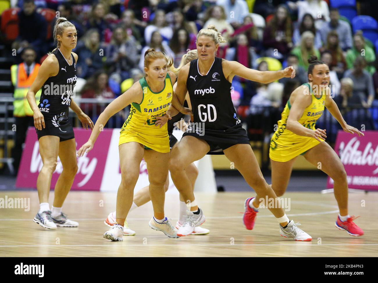 L-R Stephanie Wood of Australia Diamonds and Casey Kopua of New Zealand ...