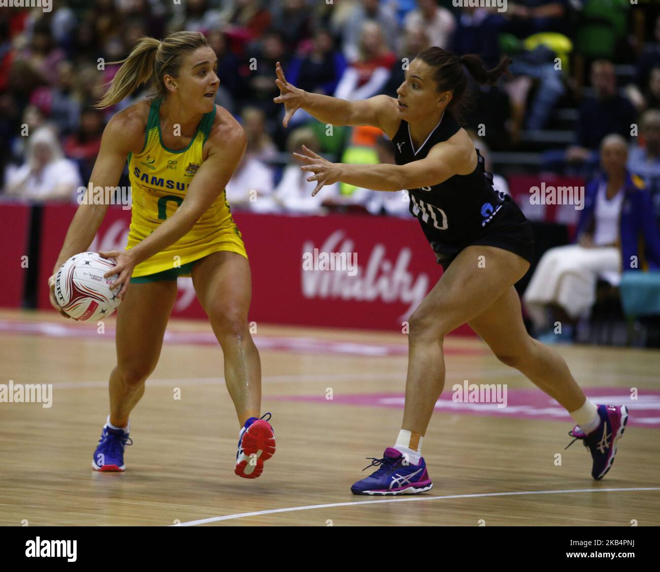 L-R Liz Watson of Australia Diamonds and Laura Langman of New Zealand ...