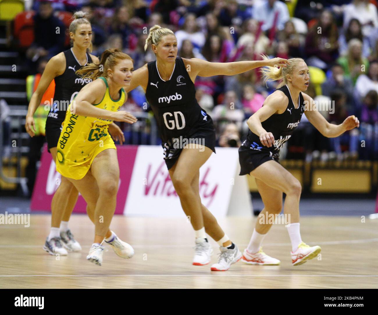 L-R Stephanie Wood of Australia Diamonds and Casey Kopua of New Zealand ...