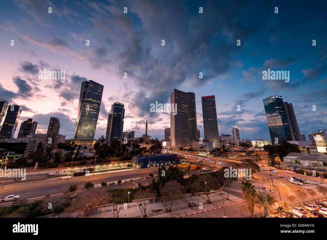 TEL AVIV, ISRAEL - MARCH 1, 2019: Night Aerial view of tel aviv skyline ...