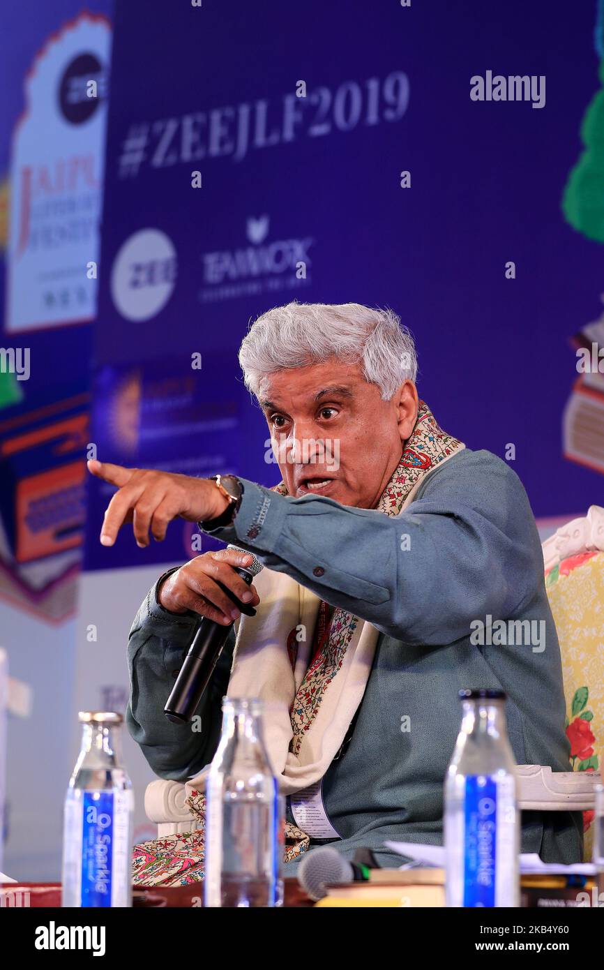 Indian Poet Javed Akhtar speaks during the session at the Jaipur ...