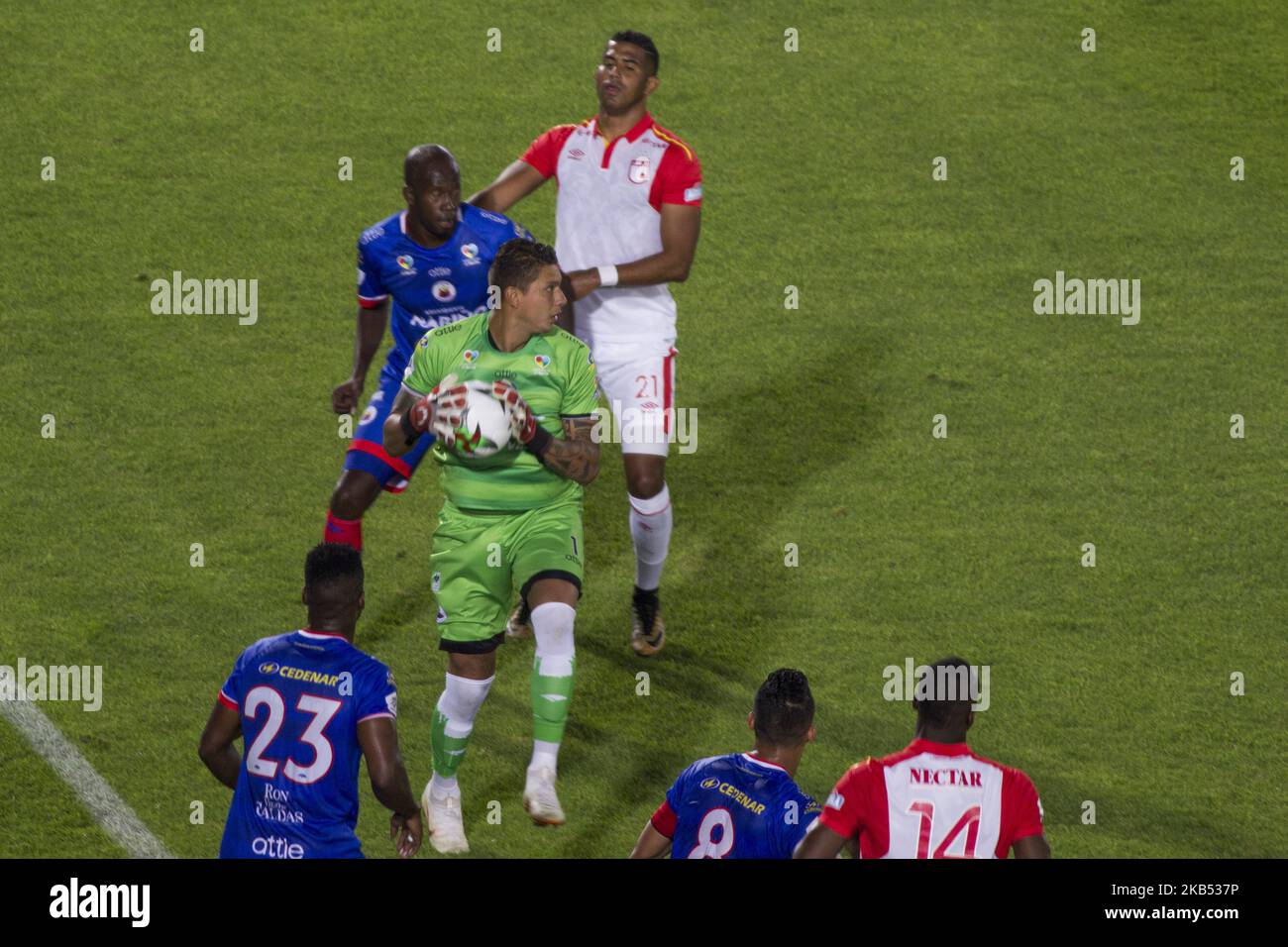 Neto Volpi Arquero de Deportivo Pasto defends the ball during Primera A ...