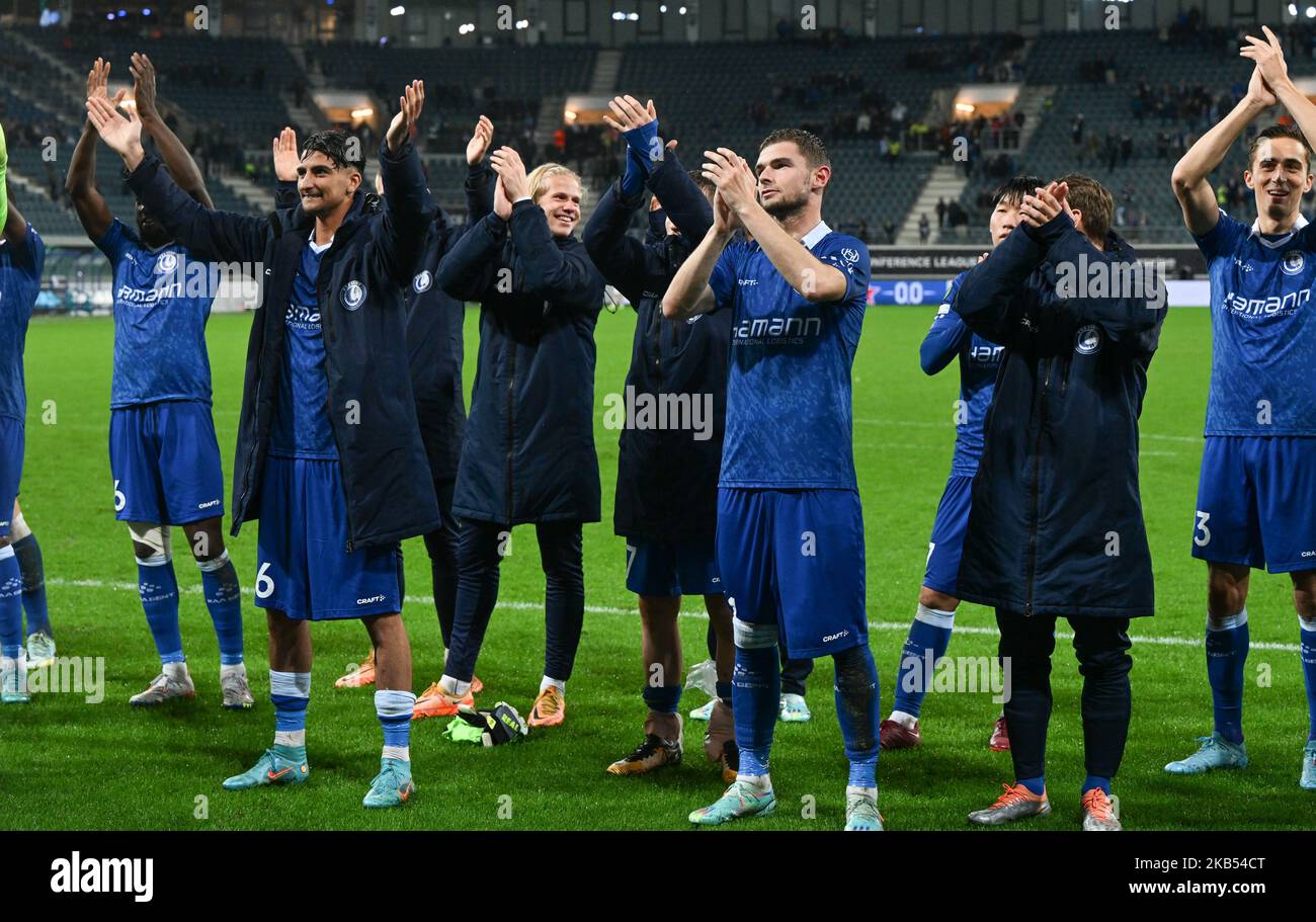 Gent , Belgium . 03/11/2022, Players of Gent pictured celebrating after ...