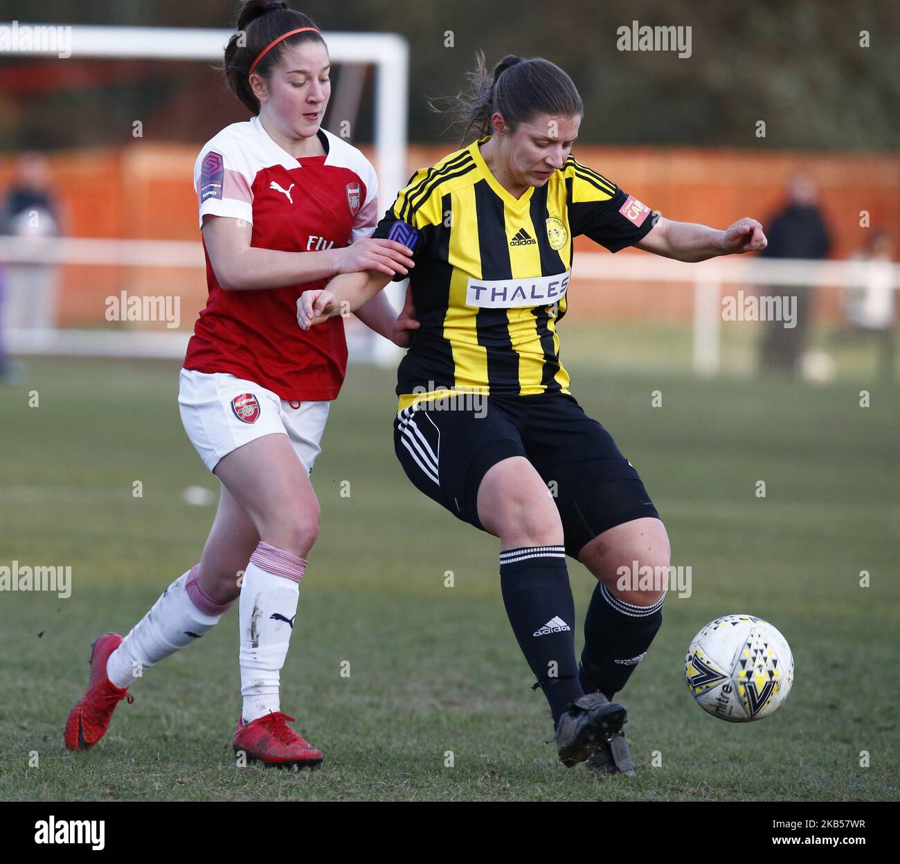 L-R Ruby Grant of Arsenal and Rachel Palmer of Crawley Wasps during the ...