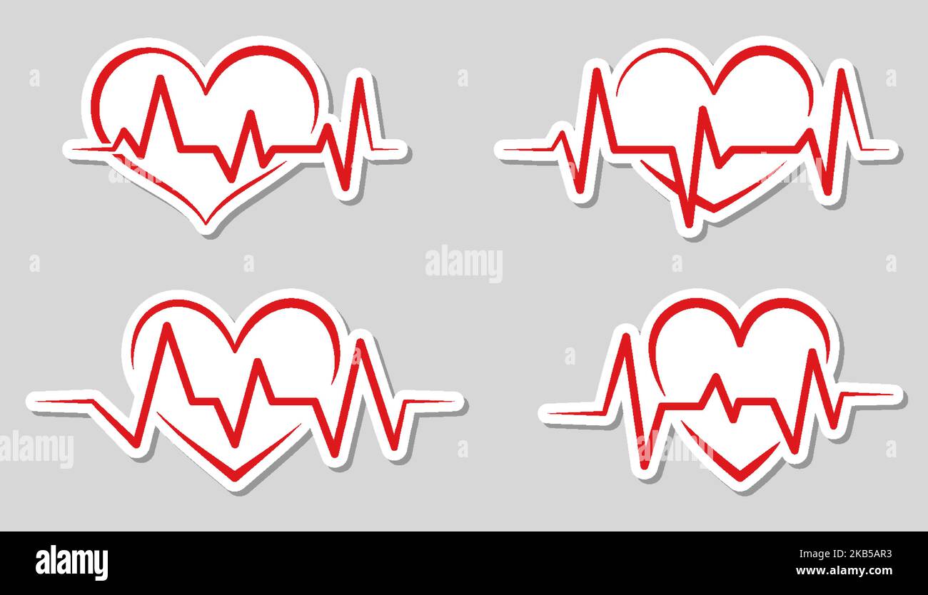 Heart medical sticker red pulse flat set. Cardiac frequency hospital ...