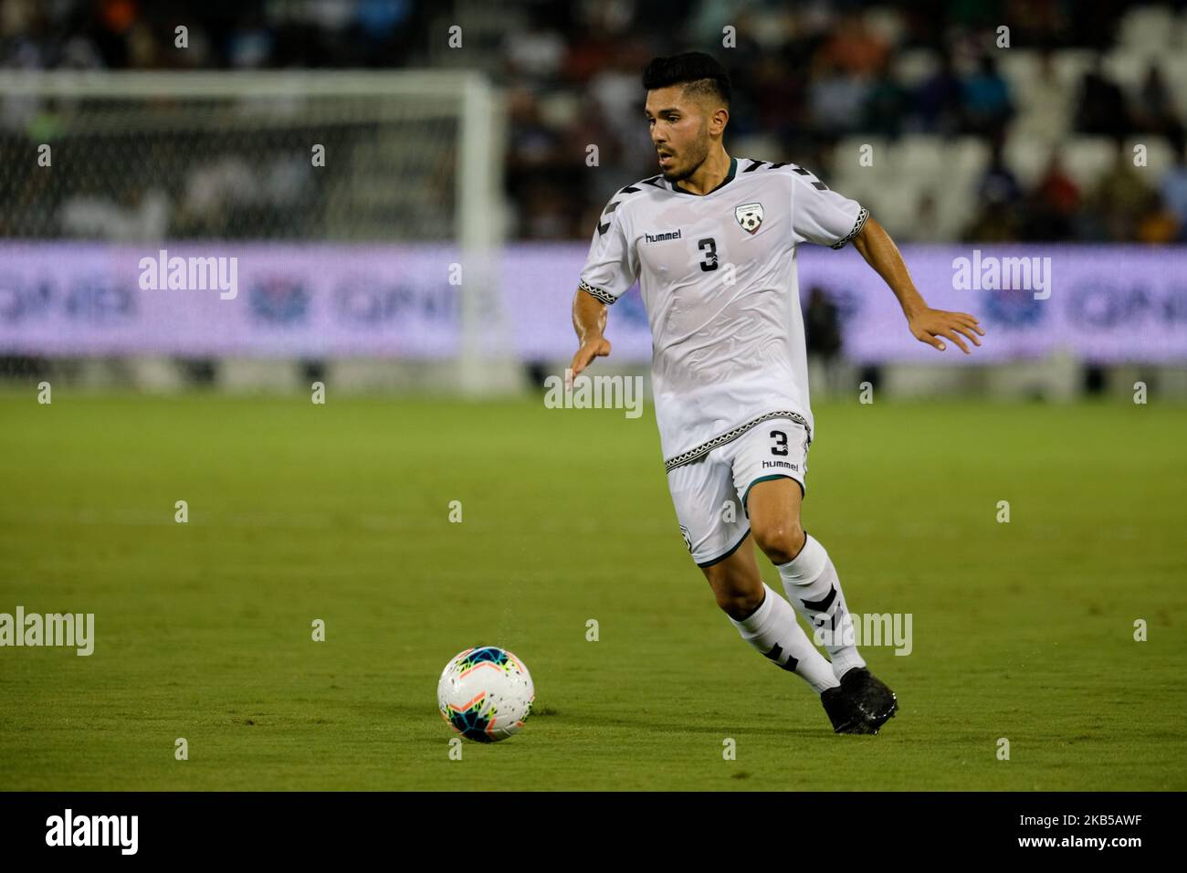 Hassan Amin runs down the wing in the World Cup Qualifiers on 5 September 2019 at the Jassim Bin ...