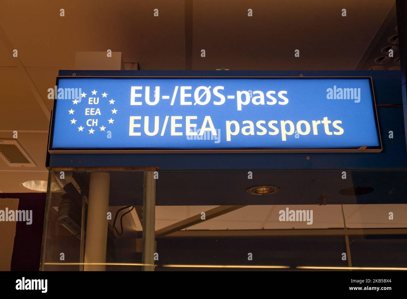 EU / EEA passports control signs with EU flag symbol at the departures ...