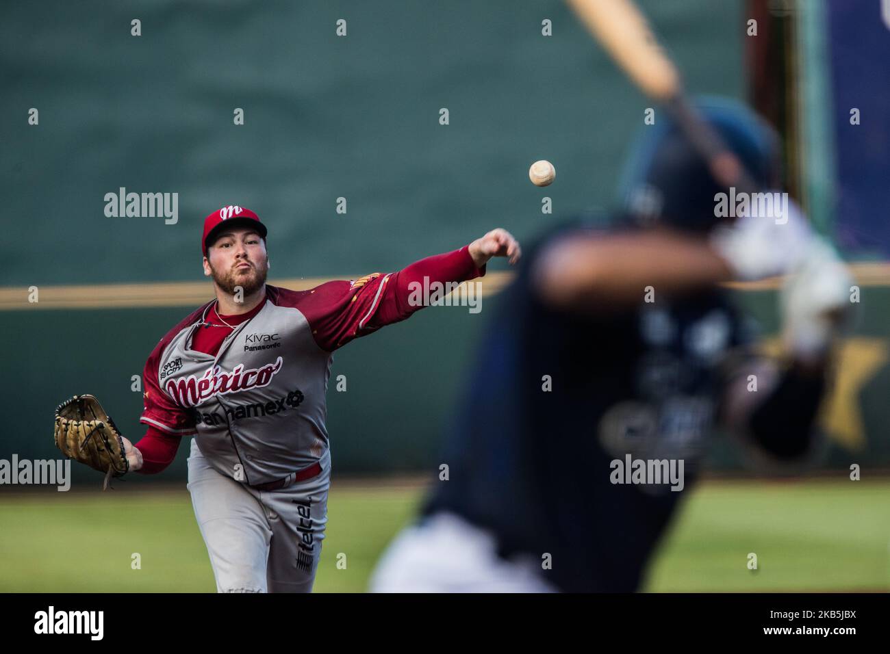 Matt Gage of Diablos Rojos #56 pitches against of Tigres de Quintana ...