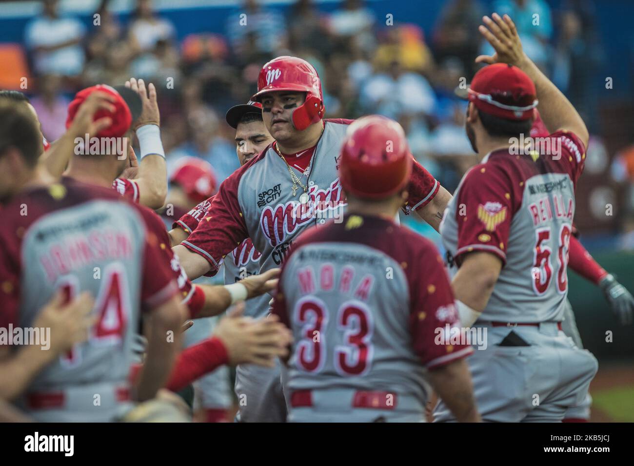 Diablos Rojos celebrates against of Tigres de Quintana Roo during fifth ...