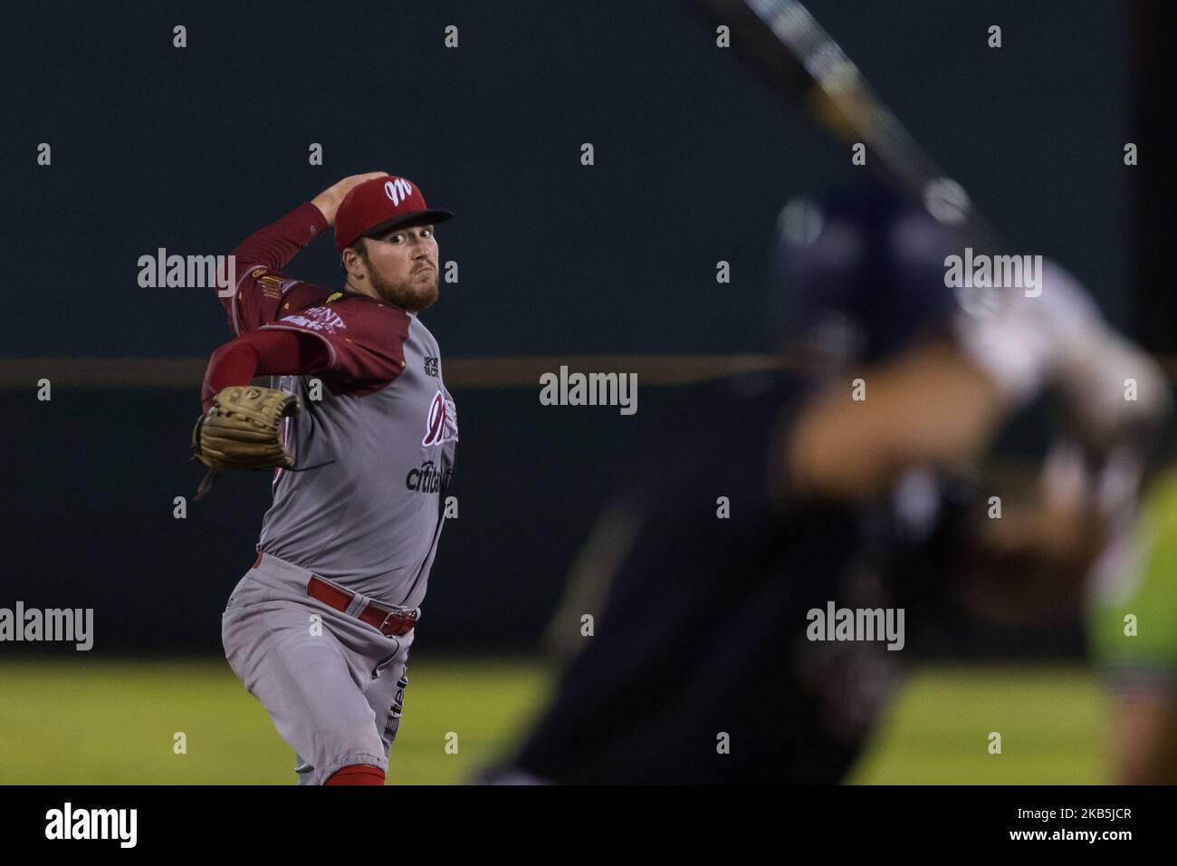 Matt Gage of Diablos Rojos #56 pitches against of Tigres de Quintana ...