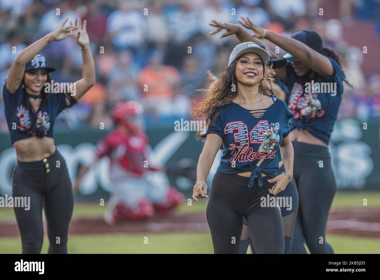 Cheerleaders ofTigres de Quintana Roo dancing during a match of between ...