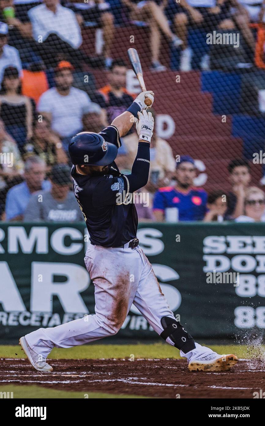 Brian Hernandez of Tigres de Quintana Roo #14 hits against of Diablos ...