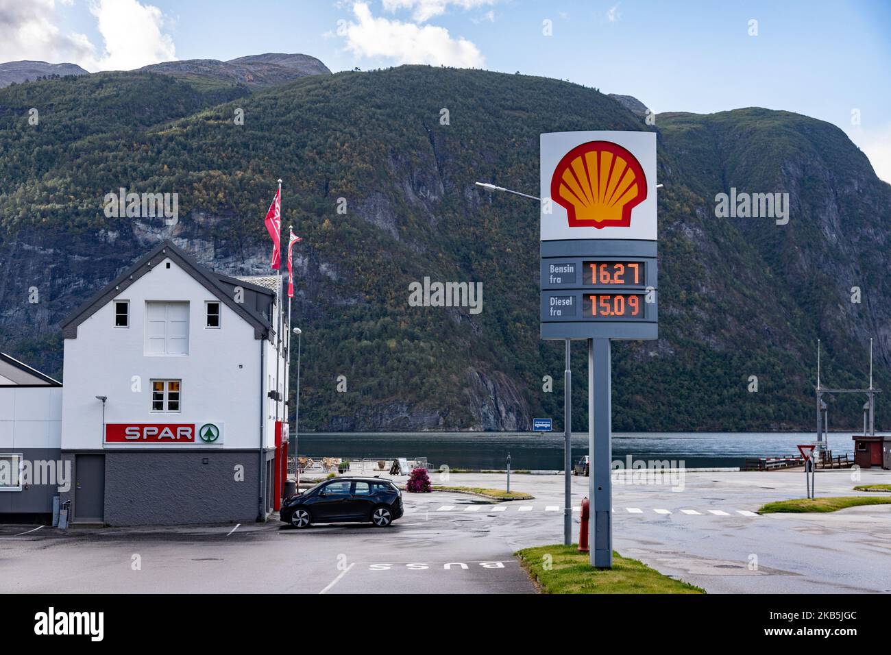 Shell gas station in front of the fjord at Valldal or Valldalen fishing ...