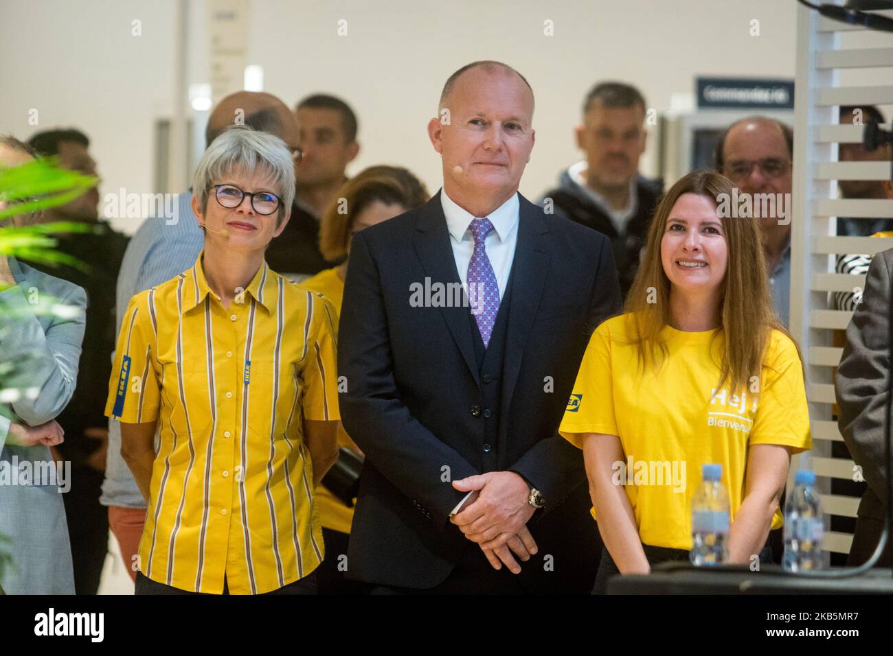 Ikea France CEO Walter Kadnar (C) and Ikea store manager Catherine ...