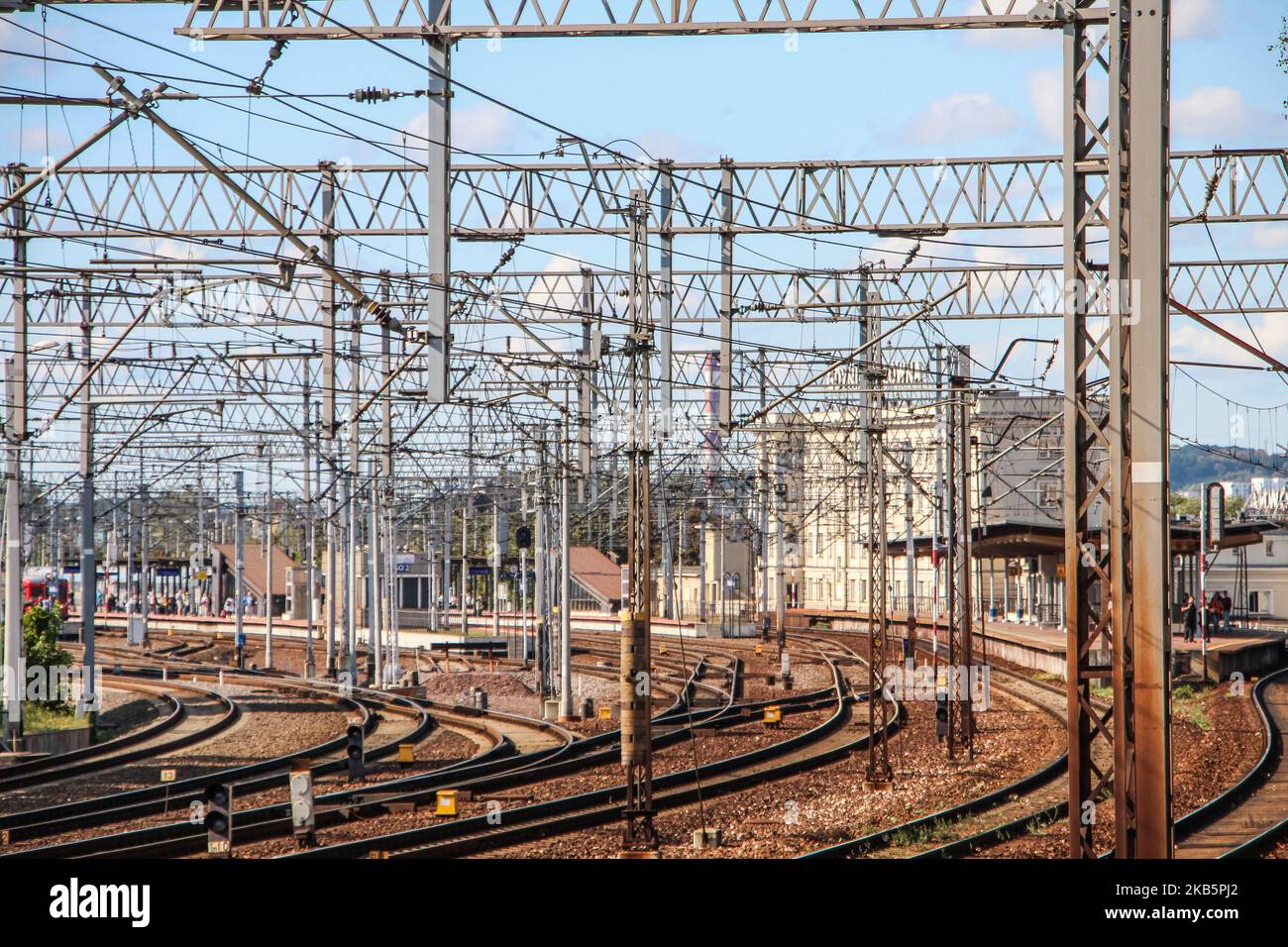 Complex and complicated railway catenary (overhead line ) over the ...