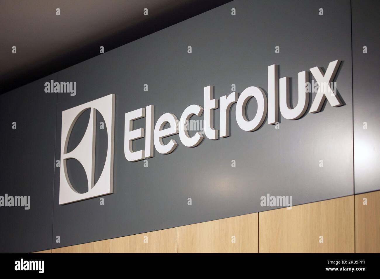 The logo of Electorlux company during the international electronics and ...