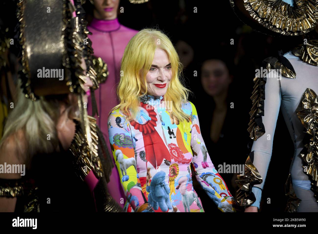 British fashion designer Pam Hogg walks the runway during London ...