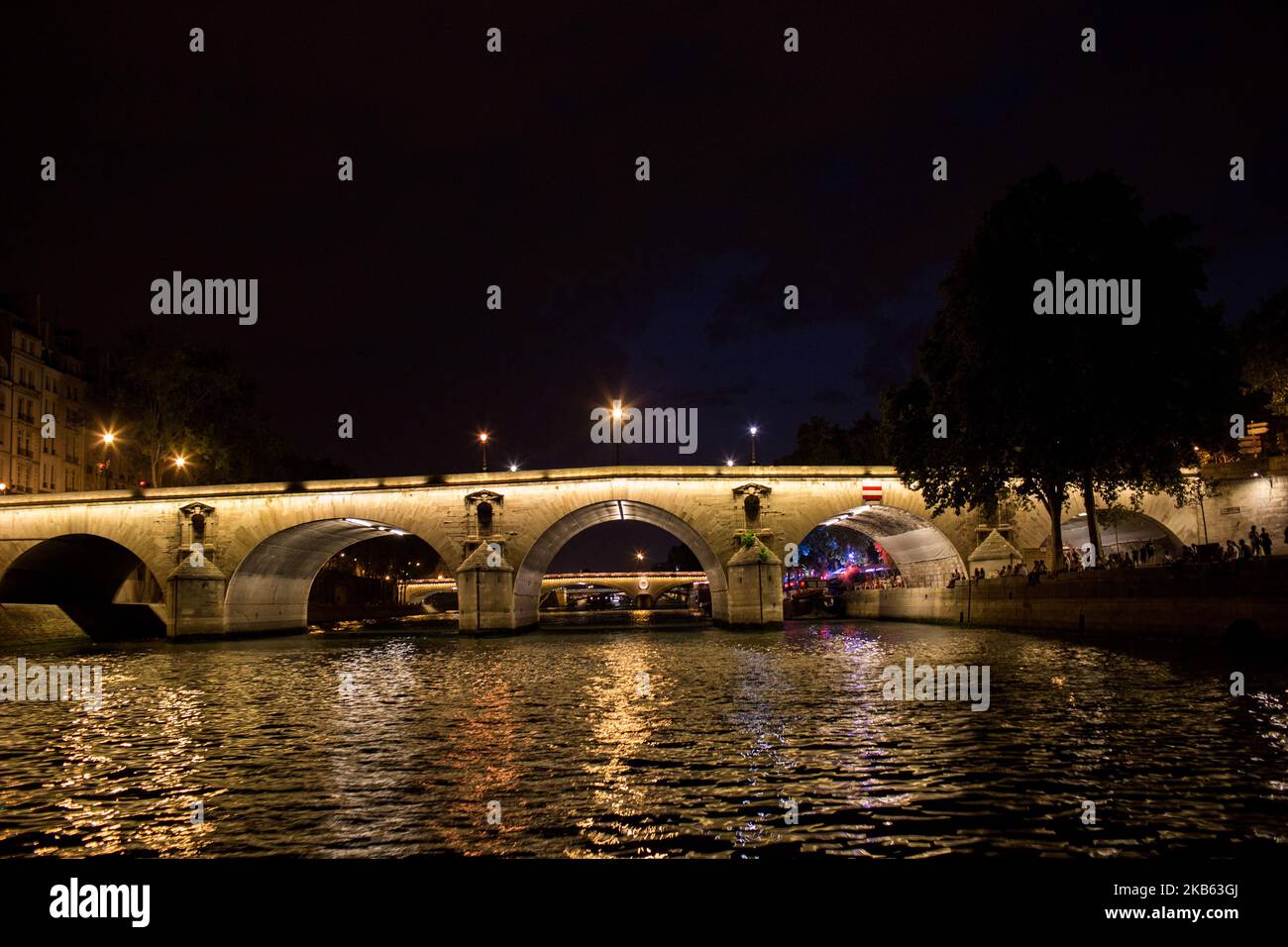 Paris, France, August 7, 2018. A view of the Marie Bridge by night from ...