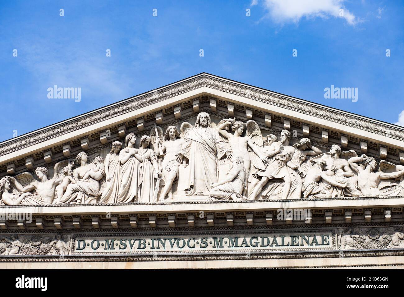 Paris, France, August 31, 2019. A view of the pediment of the Madeleine ...