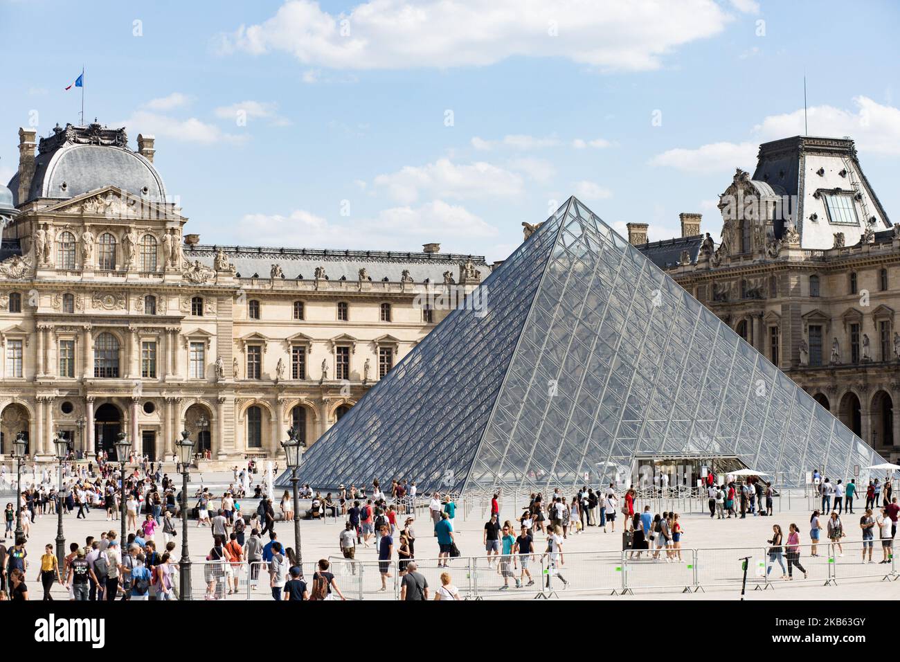 Paris, France, August 31, 2019. A view of the pyramid of the Louvre in ...