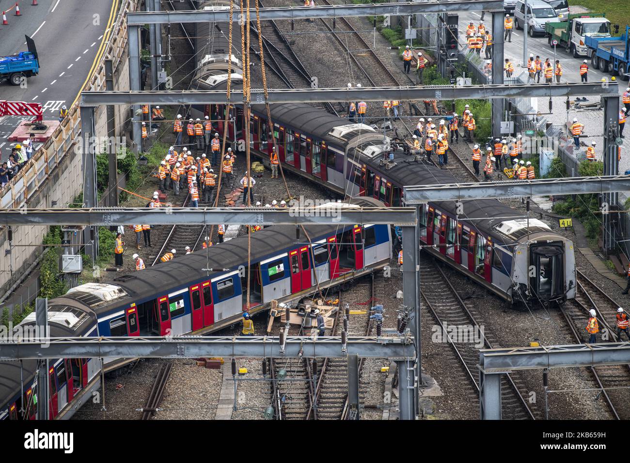 A Derailed MTR Passengers Train is seen near Hung Hom Station in Hong ...