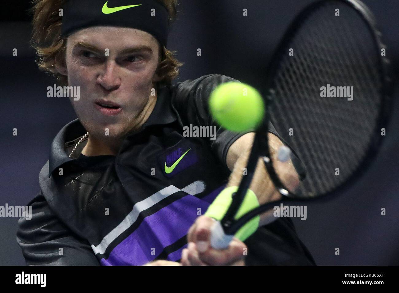 Andrey Rublev of Russia returns the ball to Ilya Ivashka of Belarus during the St. Petersburg ...
