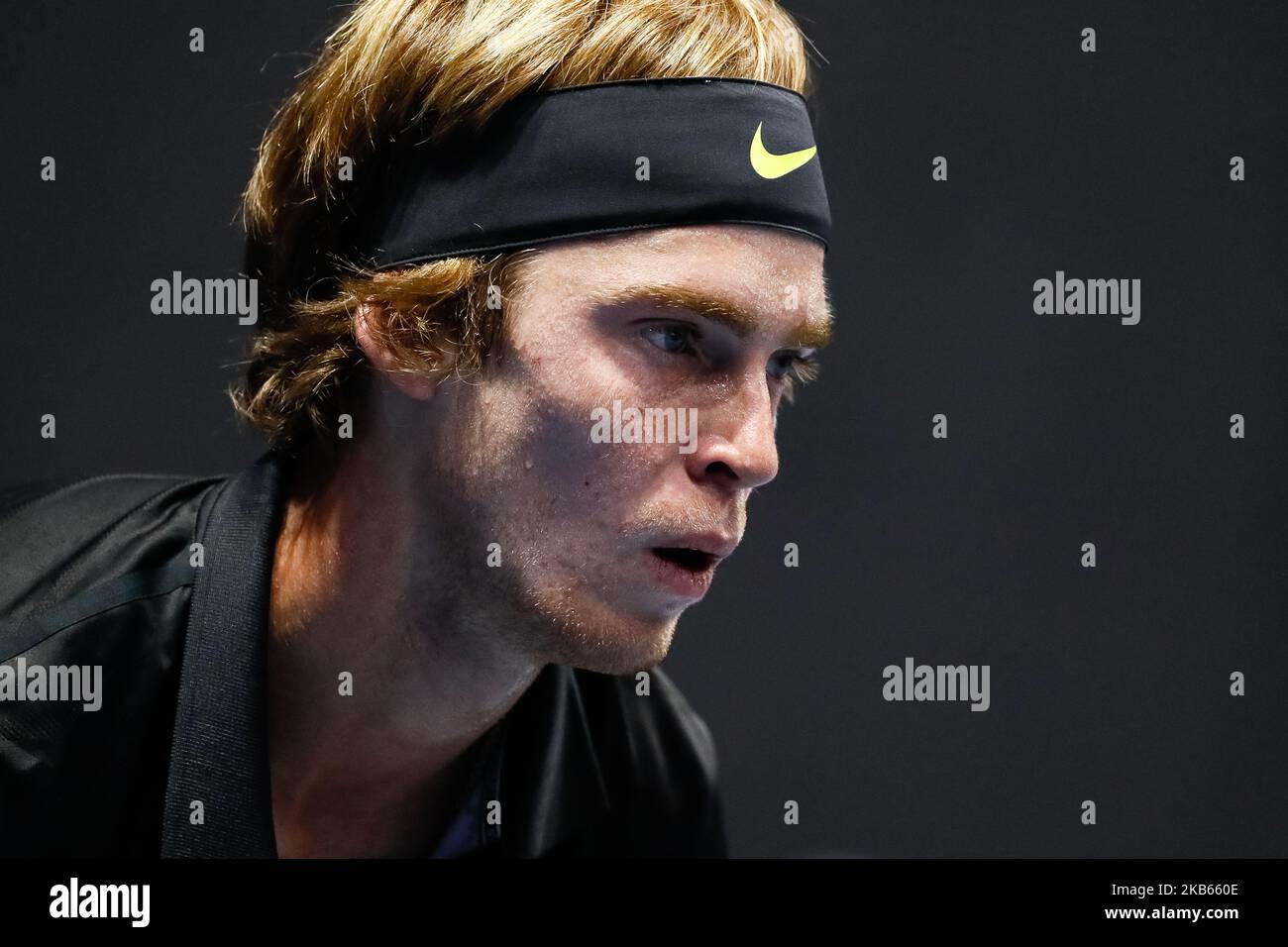 Andrey Rublev of Russia looks on during his ATP St. Petersburg Open ...