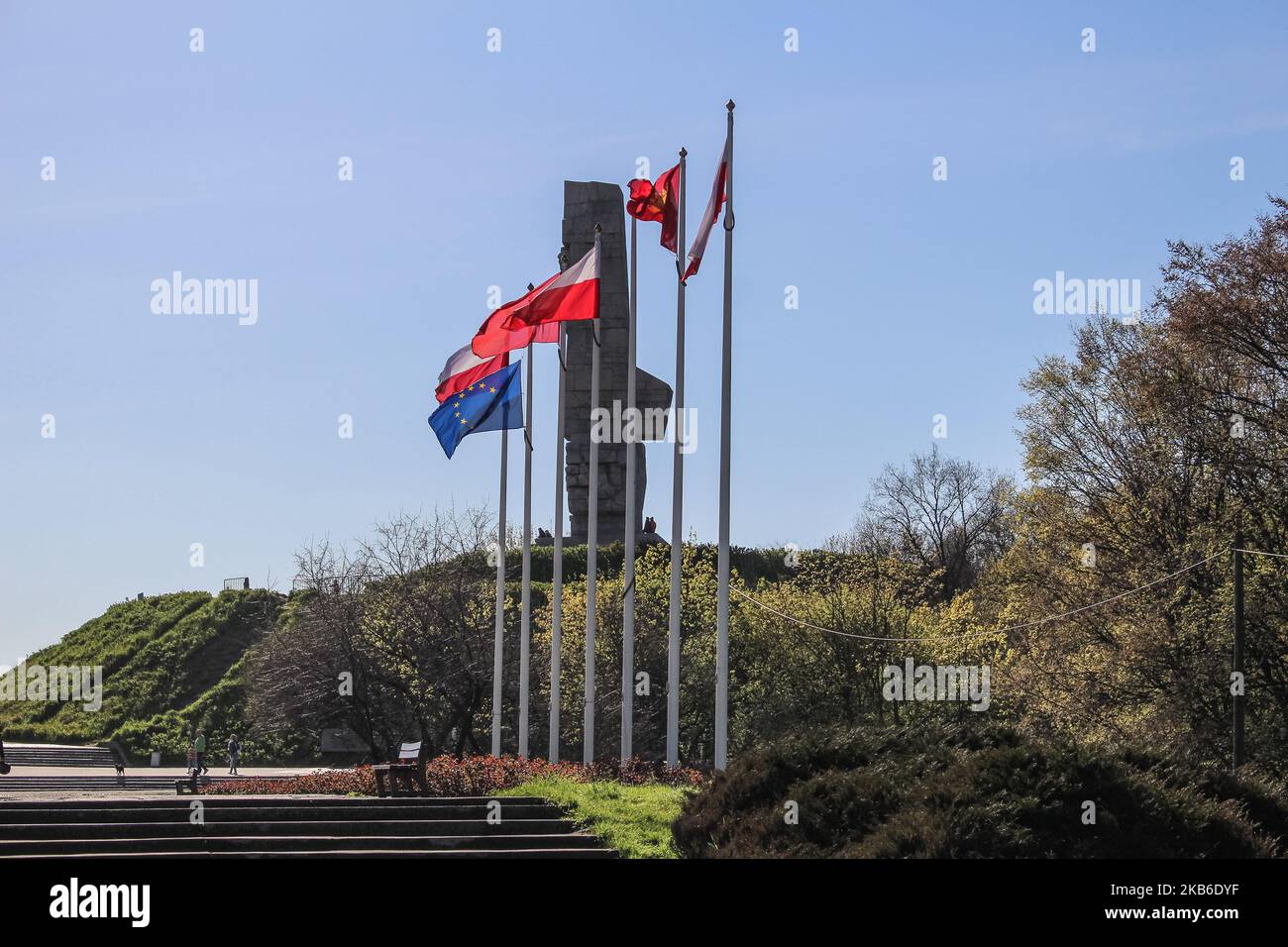 Flags of Poland and European Union (EU) on the wind in front of ...