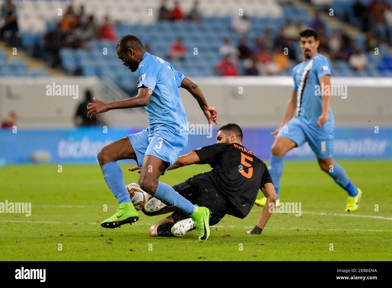 Abdelkarim Hassan pushes forward during Al Sadd v Umm Salal in the QNB ...