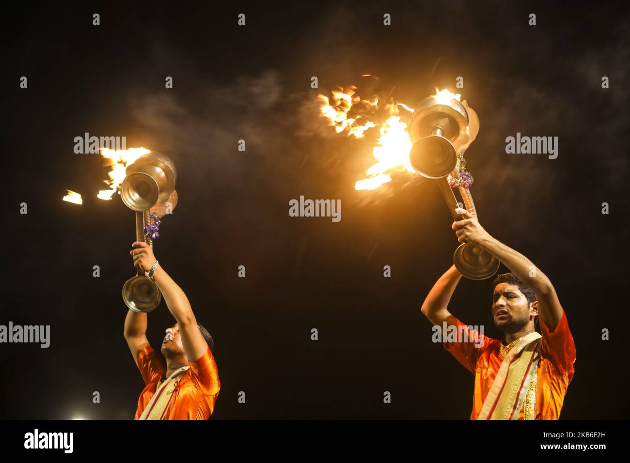 Mans celebrate Ganga Aarti, the ancient ceremony in onor to Gange river ...