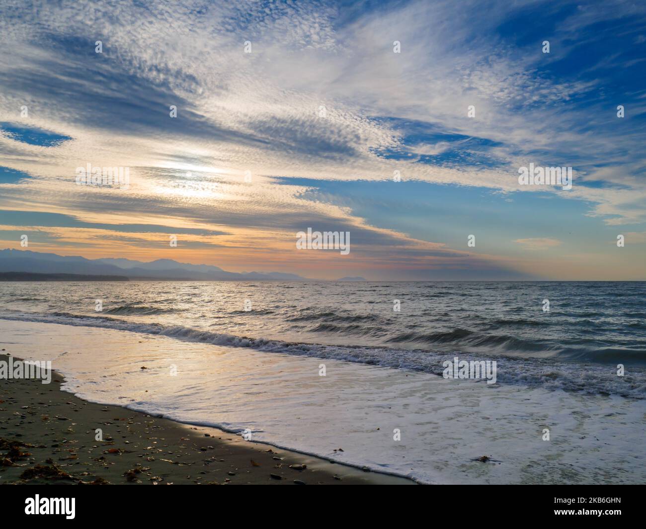 Late afternoon on the shore of the Salish Sea, Dungeness National Wildlive Refuge. Olympic ...