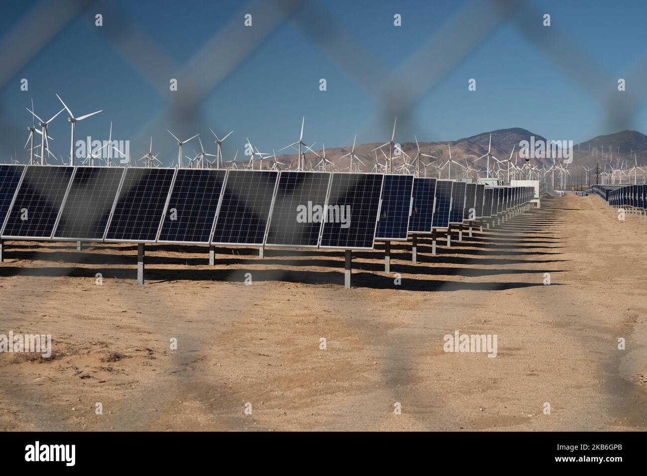 Solar farms and wind farms in the desert outside Mojave, California ...